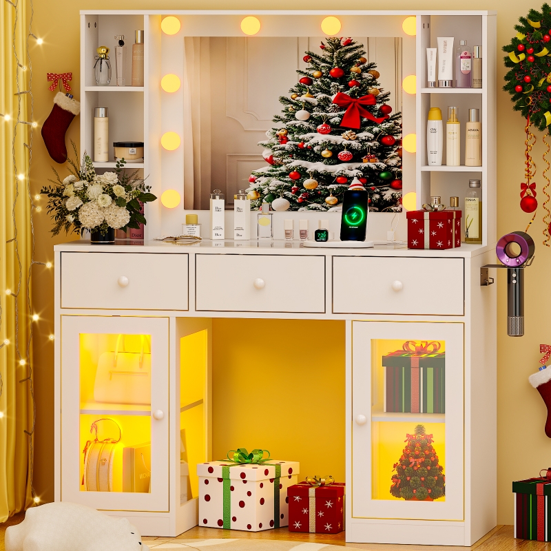 Ktaxon Makeup Vanity with Lighted Mirror, Vanity Table with Glass Table ...